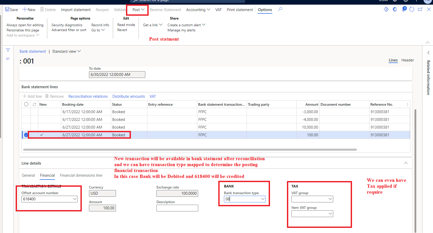 Manage additional charges [Mark New] in advance bank reconciliation in ...